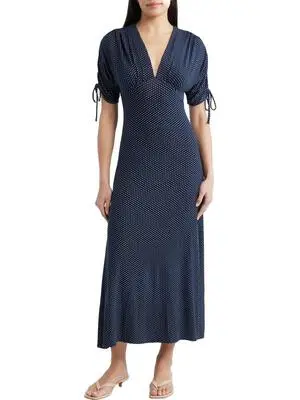 Loveappella Ruched Sleeve Empire Waist Maxi Dress - Navy