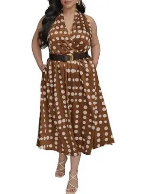 Donna Karan New York Dot Print Halter Midi Dress - Russet Canvas