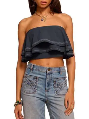 Ramy Brook Poppy Ruffle Strapless Crop Top - Navy