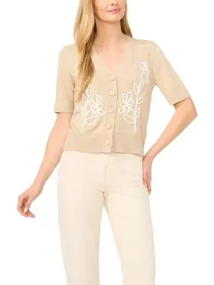 CECE DUPRAZ Embroidered Floral Short Sleeve Cardigan - Oatmeal Taupe