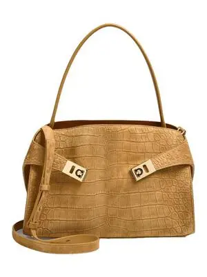 FERRAGAMO Hug Croc Embossed Suede Satchel - Naturale