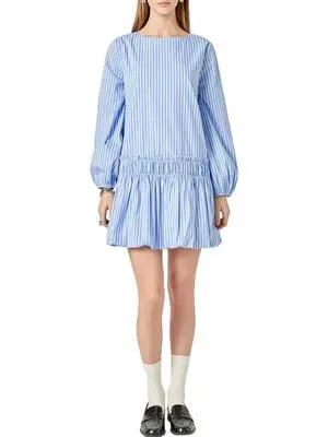 English Factory Stripe Cotton Blend Mini Dress - Powder Blue