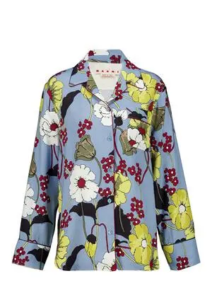 Marni Satin Pajama Shirt With Floral Print - Blue