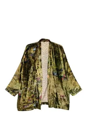 YAVI Floral Print Velvet Jacket - Green
