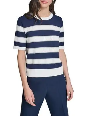 Karl Lagerfeld Paris Striped Sequin Short Sleeve Sweater - Navy/ Soft White