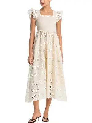 Aqua Eyelet Smocked Midi Dress - Ivory