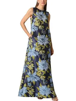 Aidan Mattox Floral Jacquard Trapeze Gown - Blue Multi