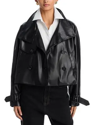 Aqua Faux Leather Cropped Trench Coat - Black