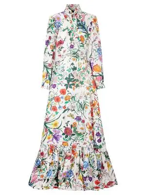Gucci Belted Tie-detailed Pleated Floral-print Silk-twill Maxi Dress - Multi