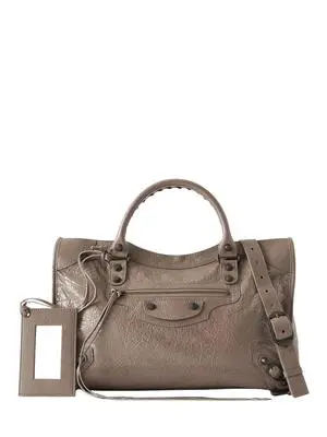Balenciaga Le City Crinkled-Leather Shoulder Bag Gray