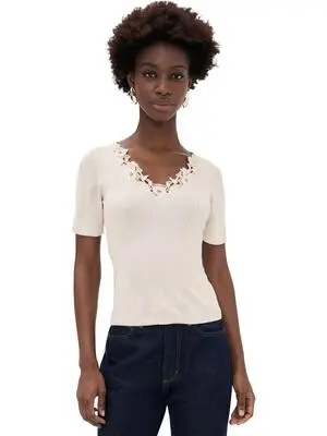 Ulla Johnson Celeste Short Sleeve Knit Top With Lace - Pearled Ivory