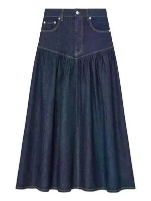 GANNI Gathered Denim Midi Skirt - Blue