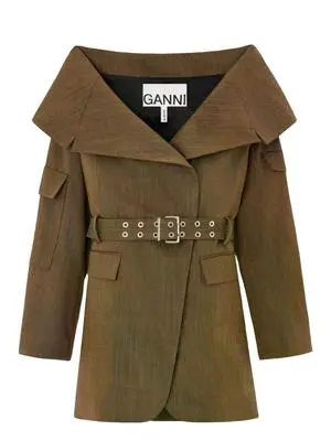 GANNI Belted Wide-collar Jacket - Brown