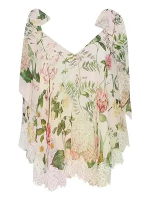 Cara Cara Mari Floral-print Lace-trim Top - Neutrals