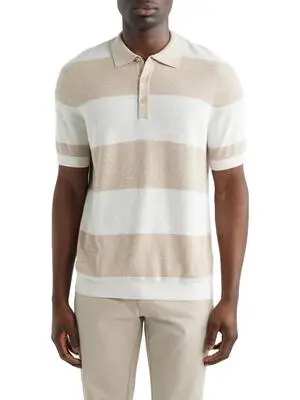 Scott Barber Stripe Rib Polo Sweater - Flax