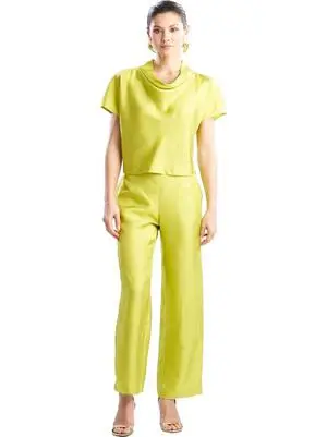 Natori Solid Silk Twill Cowl Neck Top - Yellow