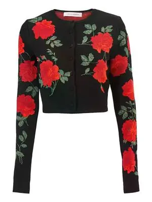 Carolina Herrera Rose Jacquard Cropped Cardigan - Black