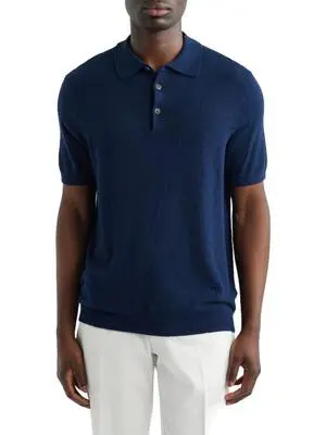 Scott Barber Solid Bouclé Polo - Navy