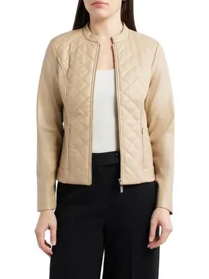 Anne Klein Quilted Faux Leather Moto Jacket - Latte