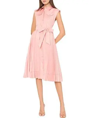 MILLY Pleated Twill Midi Shirt Dress - Blush