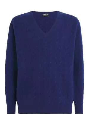 TOM FORD Wool Cable-knit V-neck Sweater - Blue