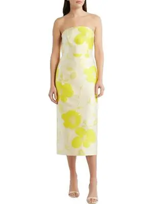 Sam Edelman Floral Strapless Jacquard Midi Dress - Lemon