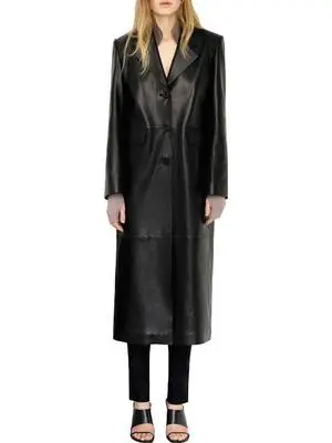 Mango Long Leather Coat - Black