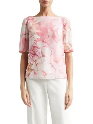 St. John Floral Print Georgette Top - Soft Peony Multi