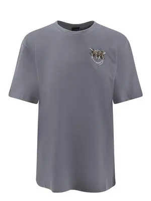 Pinko Cotton T-shirt With Rhinestone Logo - Grey