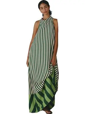SIMONMILLER Mona Crepe High-Neck Maxi Dress Green Stripe