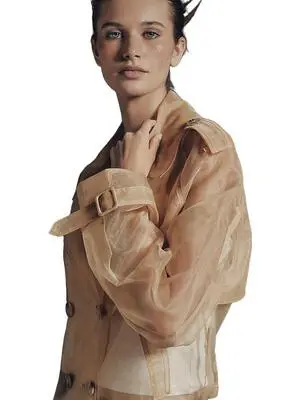 Maeve Crop Sheer Organza Trench Coat - Iced Coffee