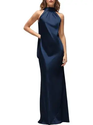 After Six Anais Scarf Neck Satin Charmeuse Gown - Midnight
