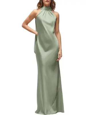 After Six Anais Scarf Neck Satin Charmeuse Gown - Sage