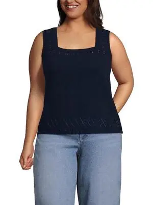LANDS' END Pointelle Square Neck Tank Sweater Radiant Navy