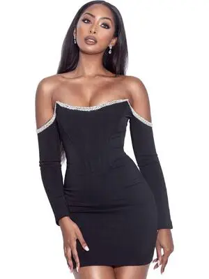 MISS CIRCLE NEW YORK Annika Off-the-shoulder Corset Mini Dress With Crystal Trim - Black