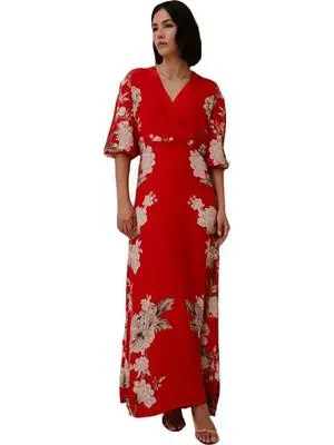 RAISHMA Floral Printed Maxi Dress - Red