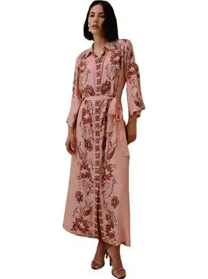 RAISHMA Printed Maxi Dress With Belt - Pink