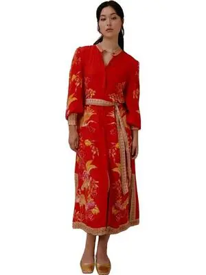 RAISHMA Floral Printed V-neck Midi Dress - Red