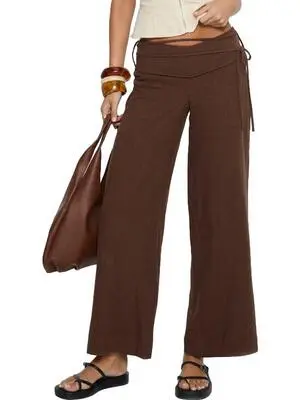 Princess Polly Tie Waist Linen Blend Pants - Brown