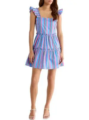 SUGARLIPS Striped Ruffle Tiered Mini Dress - Pink-blue-green