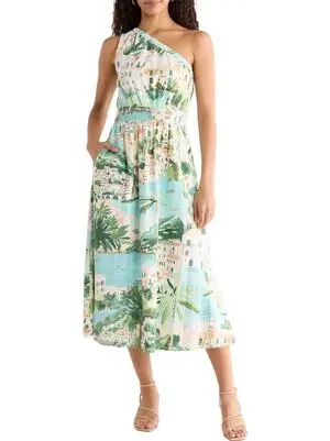 SUGARLIPS Piti Town Islay Smocked One-shoulder Midi Dress - Aqua-multi