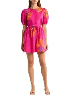SUGARLIPS Floral Cotton Mini Dress With Drawstring Waist - Fuchsia-org