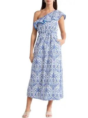 SUGARLIPS Romina Tropical Print One-shoulder Dress - Blue-white-multi