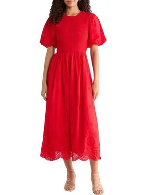 SUGARLIPS Deana Eyelet Smocked Midi Dress - Red