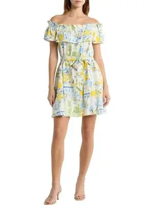SUGARLIPS Amalfi Coast Off The Shoulder Mini Dress - Blue Multi