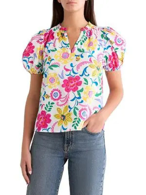 SUGARLIPS Punta Alta Berisa Split Neck Puff Sleeve Cotton Top - White Multi