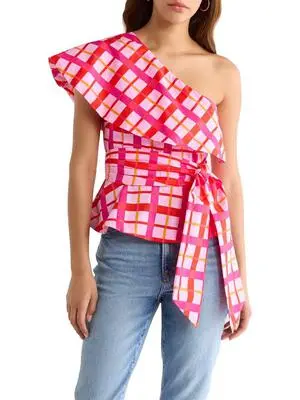 SUGARLIPS Plaid One-shoulder Cotton Top - Pinks-orange