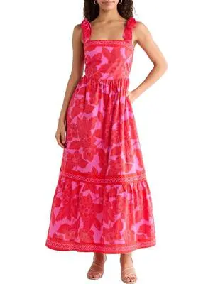SUGARLIPS Floral Tiered Cotton Maxi Sundress - Fuchsia-red
