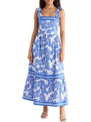 SUGARLIPS Floral Tiered Cotton Maxi Sundress - White-blue