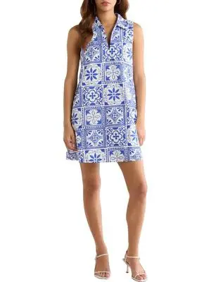 SUGARLIPS Tile Cotton Shift Dress - White-blues-combo